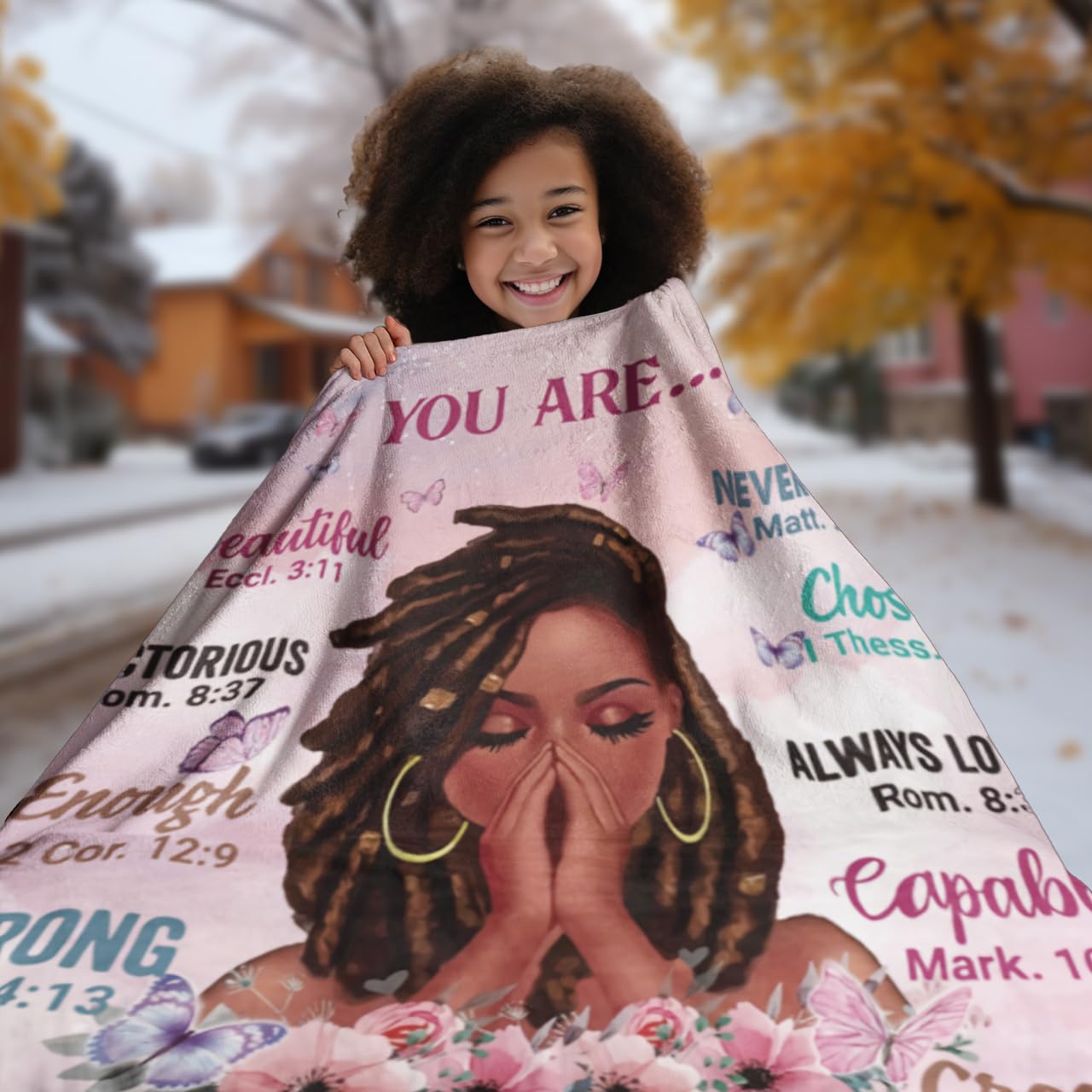 TRENDYNEST African American Girl Throw Blanket,Inspirational Quotes Positive Thoughts Soft Fleece Blankets for Bedroom Floral Butterfly Blanket Gift 50x60 Inch