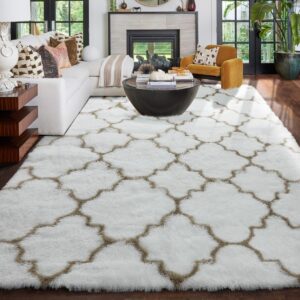 amdrebio white and beige rugs for living room, 7x10 rug, soft large area rug for bedroom, fluffy neutral boho rug for kids room, geometric morrocan shaggy carpet for playroom, big thick floor rug