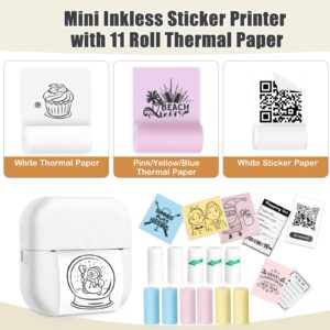 Zeacool Mini Sticker Printer,Mini Pocket Thermal Printer with 11 Rolls Paper,Bluetooth Inkless Printer Compatible with Android & iOS,Portable Receipt Printer for Photo,Notes,Memo,Work,Travel,White