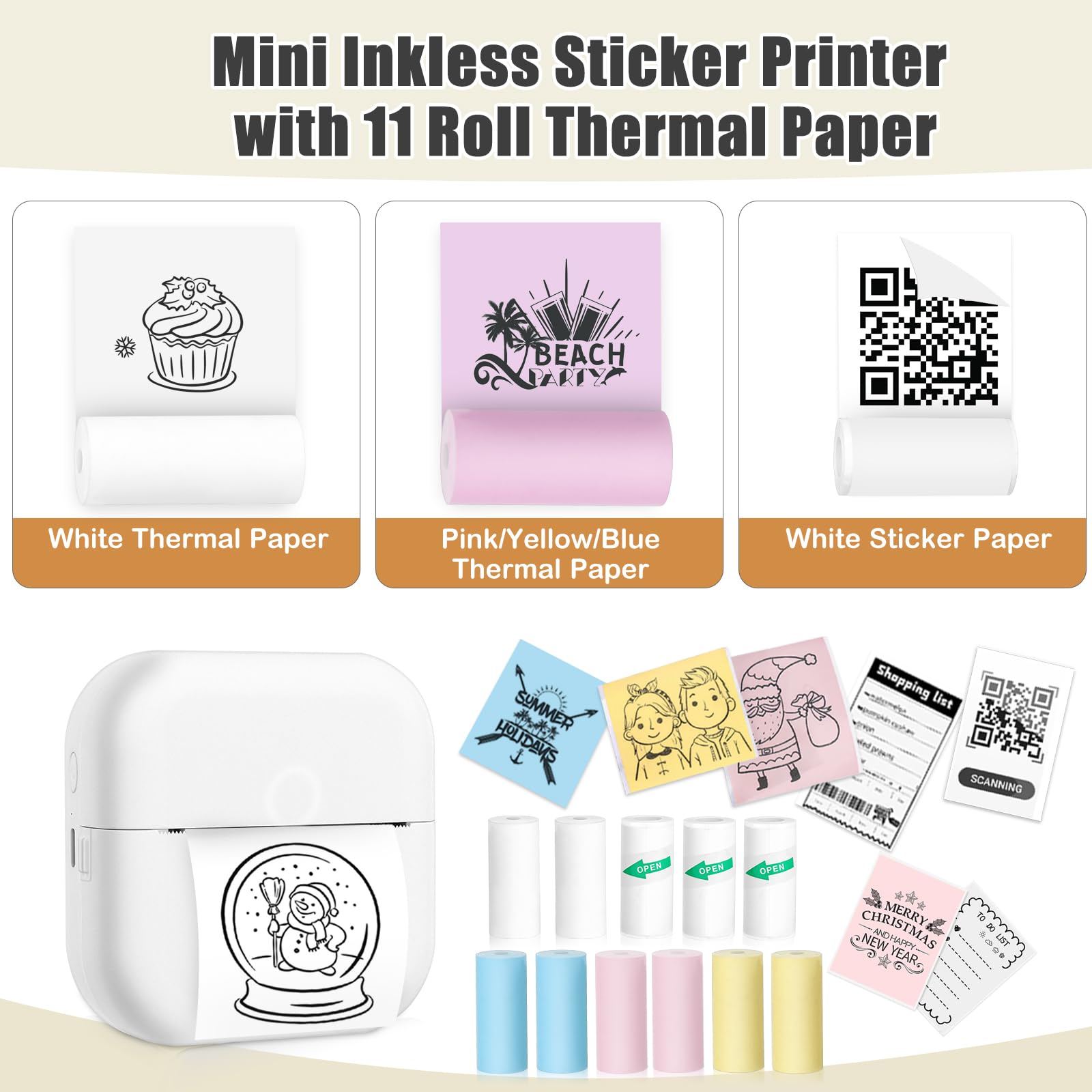 Zeacool Mini Sticker Printer,Mini Pocket Thermal Printer with 11 Rolls Paper,Bluetooth Inkless Printer Compatible with Android & iOS,Portable Receipt Printer for Photo,Notes,Memo,Work,Travel,White