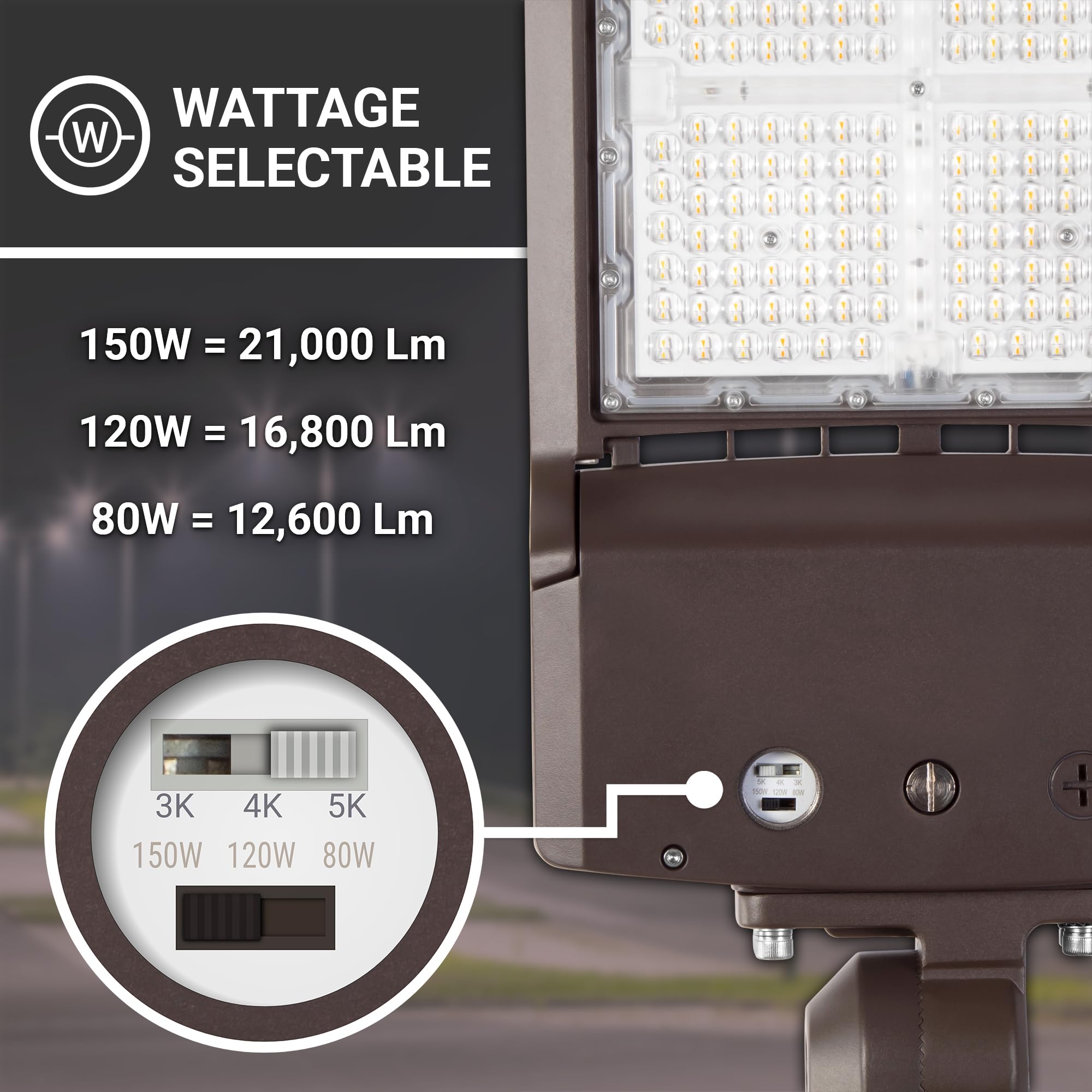 150W/120W/80W LED Parking Lot Light Fixture with Adjustable Direct Mount, 100-277VAC, 21,000lm, LED Flood Light Replaces Up to 500W Metal Halide/HPS, 3K/4K/5K CCT Selectable, DLC Premium, cUL Listed