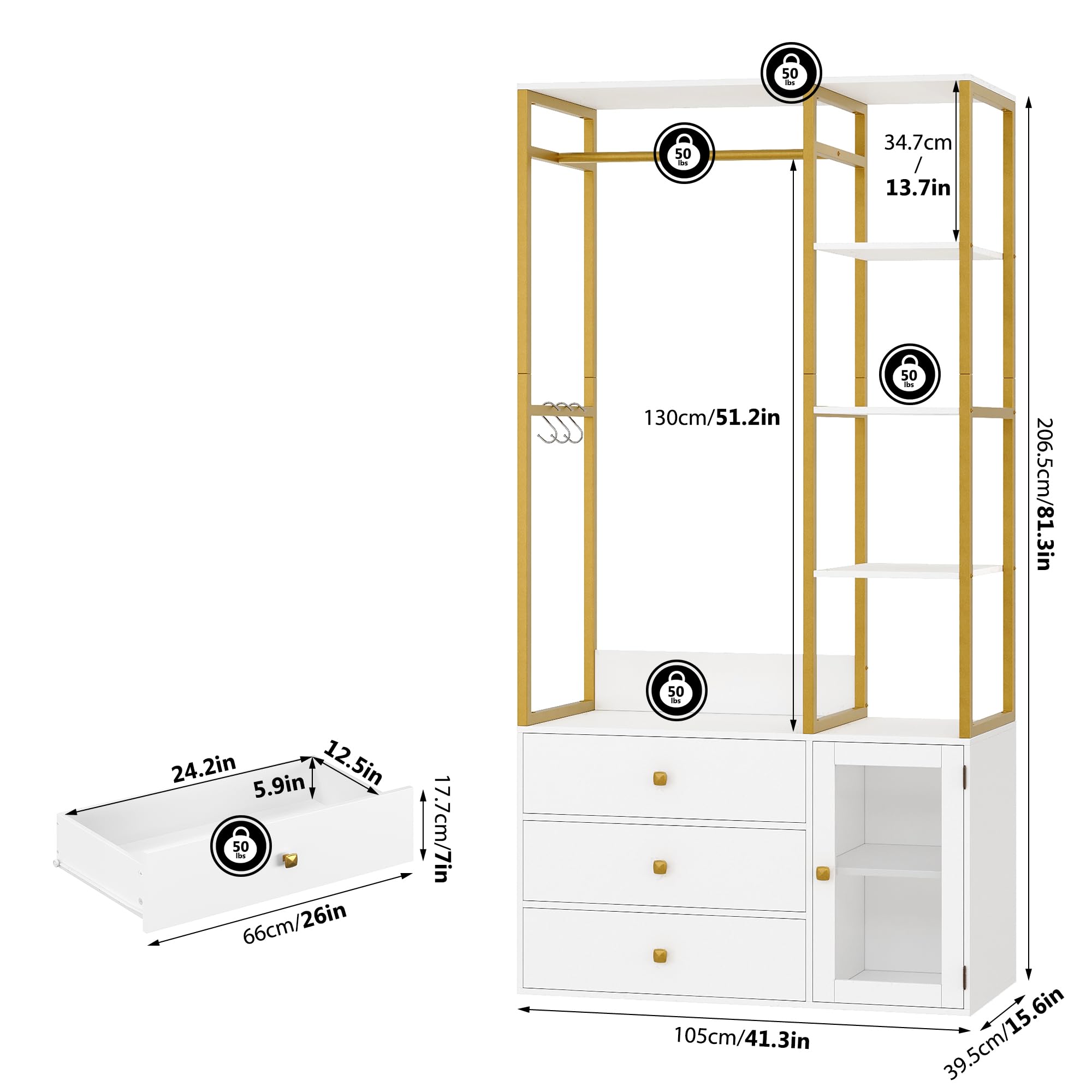 BOTLOG 81.3” H Heavy Duty Clothes Rack with Cabinet, Drawer, and Shelf, Garment Rack Clothes Rack with Metal Frame and Wooden Shelves for Bedroom, Dressing Room, Walk-in Closet