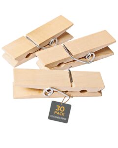 clothes pins, sturdy and heavy duty natural wood clips wooden clothespins for hanging clothes photo pictures crafts small classroom decorative peg, 30 pcs