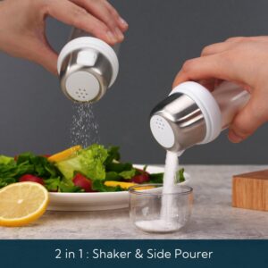 KTCHENDAO 2 in 1 Glass Salt Shaker with Side Pour Spout, Built-in Lid to Slow Down Dampness with Mearsuring Marks, Elegant Borosilicate Glass Salt Dispenser for Kitchen,BPA Free,4oz (White)