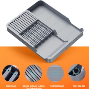 RISHTEN Kitchen Knife Drawer Organizer Grey, In Drawer Knife Block Holder with Expandable Cutlery Tray Compact Organization Drawer Storage Holds Up To 11 Knives (Including Hooks&Sponges)