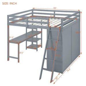 LostCat Full Size Loft Bed with Desk, Loft Bed with Wardrobes and Desk, Solid Wood Loft Bed Frame with Storage and Ladder for Teens Adults Girls Boys, No Box Spring Needed, Grey