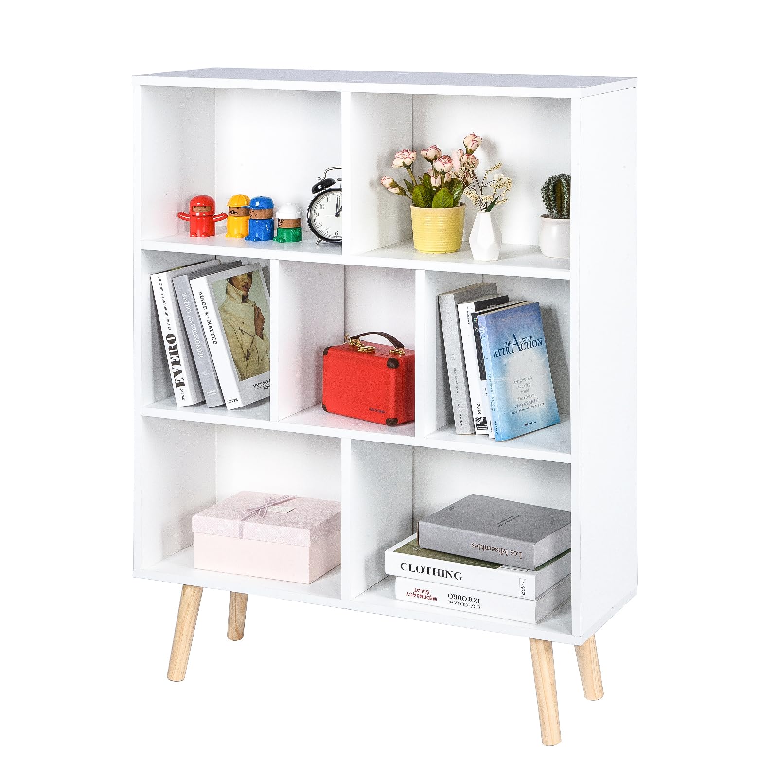 7 Cube White Bookshelf, 3 Tier Book Shelf with Legs Minimalist Bookcase Free Standing Display Cabinet Rack for Living Room, Office, Bedroom, Study Room (Contains Anti-Tipping Parts)