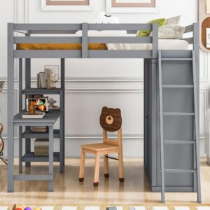 LostCat Full Size Loft Bed with Desk, Loft Bed with Wardrobes and Desk, Solid Wood Loft Bed Frame with Storage and Ladder for Teens Adults Girls Boys, No Box Spring Needed, Grey