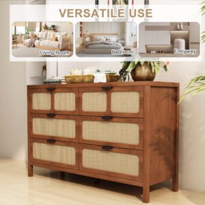 LEVNARY 6 Drawer Dresser for Bedroom, Rattan Dresser Drawer Organizer with Metal Handles, Accent Wood Chest of Drawers for Entryway, Closet, Living Room, Hallway, Nursery (Walnut)