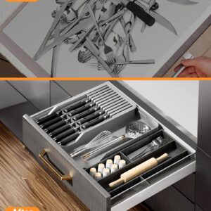 RISHTEN Kitchen Knife Drawer Organizer Grey, In Drawer Knife Block Holder with Expandable Cutlery Tray Compact Organization Drawer Storage Holds Up To 11 Knives (Including Hooks&Sponges)