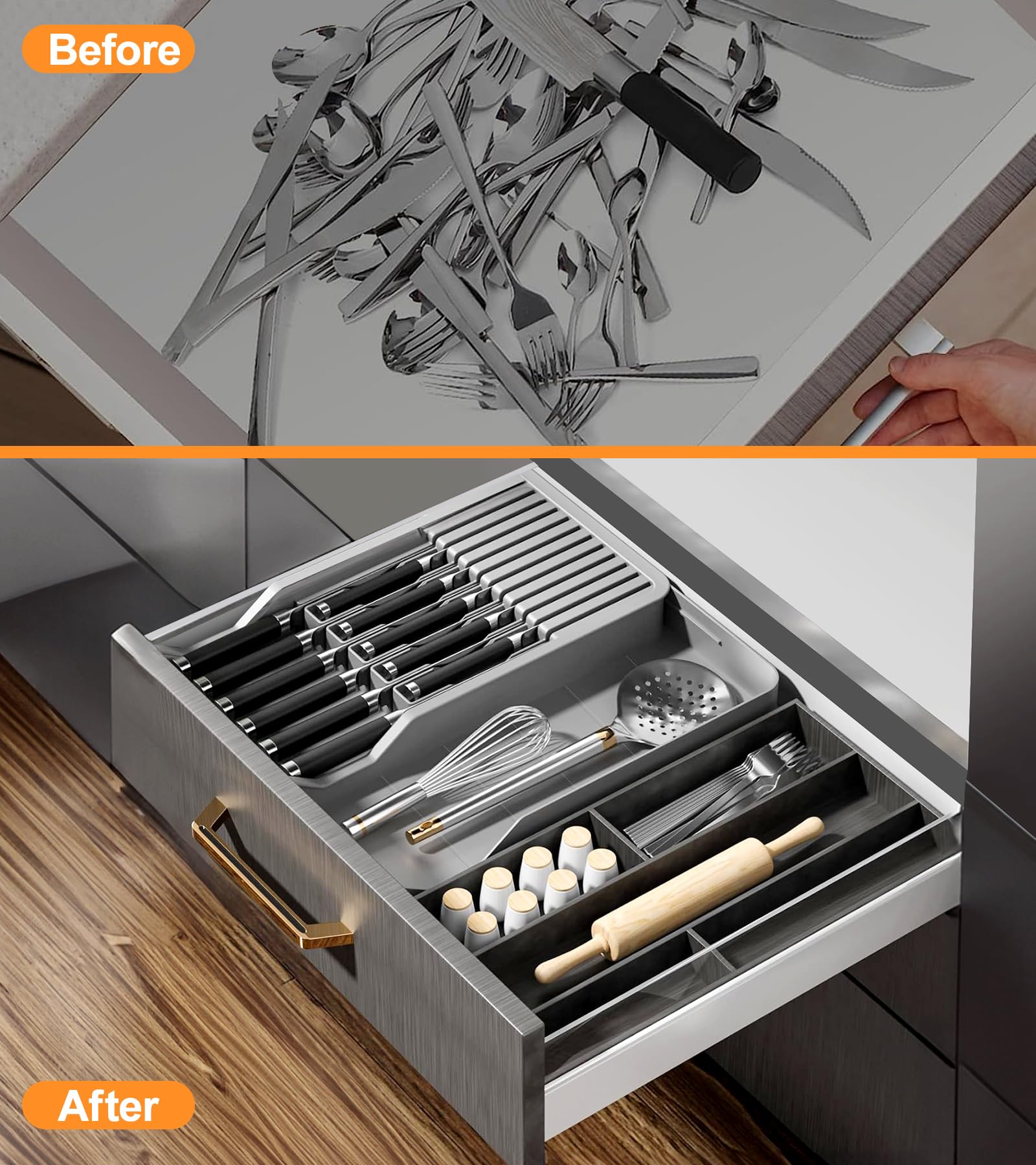 RISHTEN Kitchen Knife Drawer Organizer Grey, In Drawer Knife Block Holder with Expandable Cutlery Tray Compact Organization Drawer Storage Holds Up To 11 Knives (Including Hooks&Sponges)