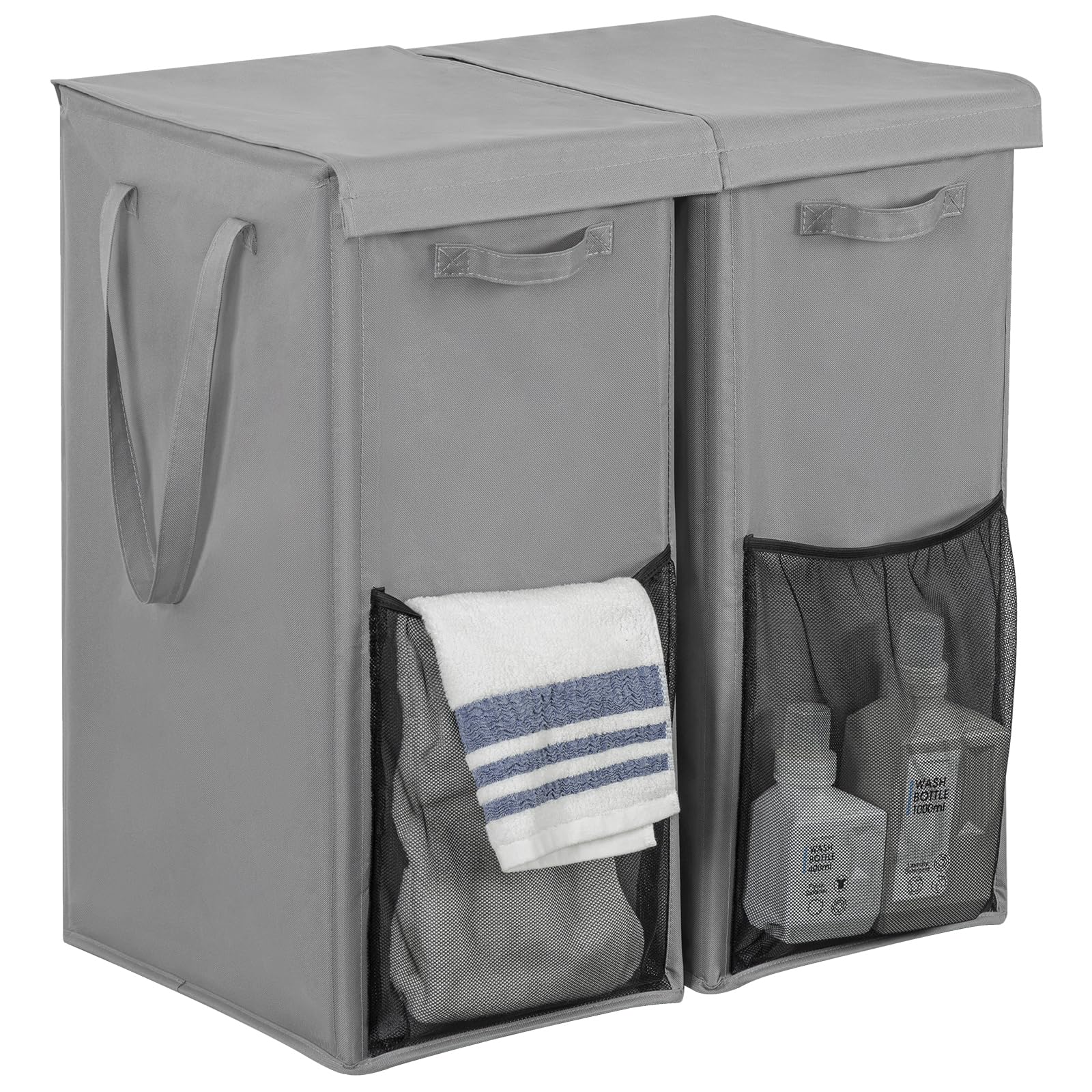 WOWLIVE 2-Pack Laundry Hamper with Lid,Double Tall Laundry Basket with Extended Handles (90L) Set of 2 Dirty Clothes Hamper Collapsible Laundry Organizer for Dorm Room (Grey)