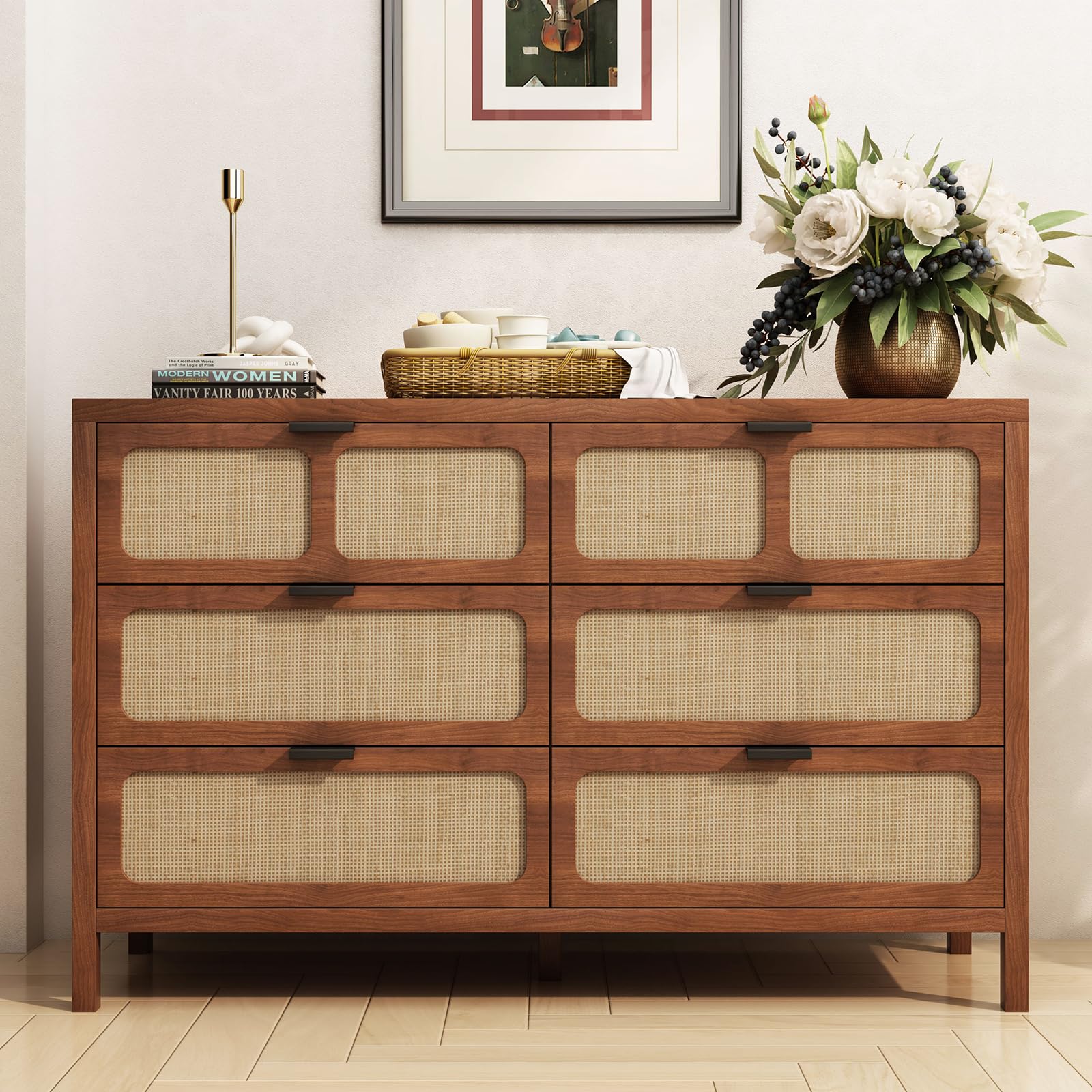 LEVNARY 6 Drawer Dresser for Bedroom, Rattan Dresser Drawer Organizer with Metal Handles, Accent Wood Chest of Drawers for Entryway, Closet, Living Room, Hallway, Nursery (Walnut)