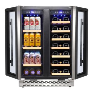 aprafie wine and beverage refrigerator, 24 inch 55 cans and 20 bottles large dual zone wine cooler with quiet compressor, blue led, dual temperature under counter wine fridge