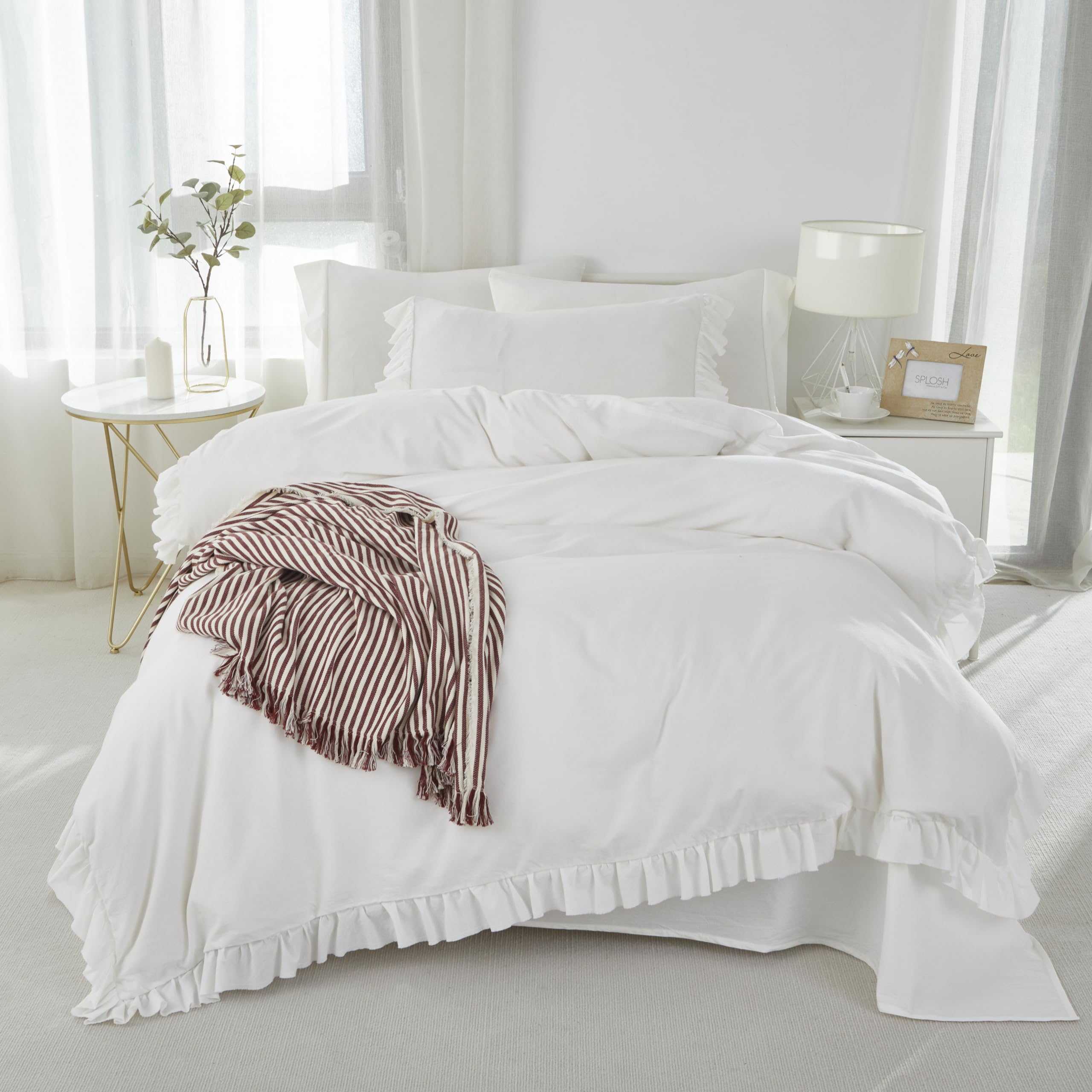 Brandream Duvet Cover Set Full/Queen Size 100% Washed Cotton Linen Feel Super Soft Comfortable Chic Lightweight 3 PCs Home Ruffled Fringe Minimalist Bedding Set Solid White