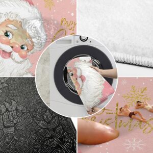 Christmas Pink Santa Claus Floor Door Mats Shag Carpet,Xmas Gold Foil Snowflake Non Slip Super Soft Bath Rugs,Winter Snow Shaggy Fuzzy Area Rug for Kitchen/Bathroom/Bedroom/Living Room Decor 16x24in