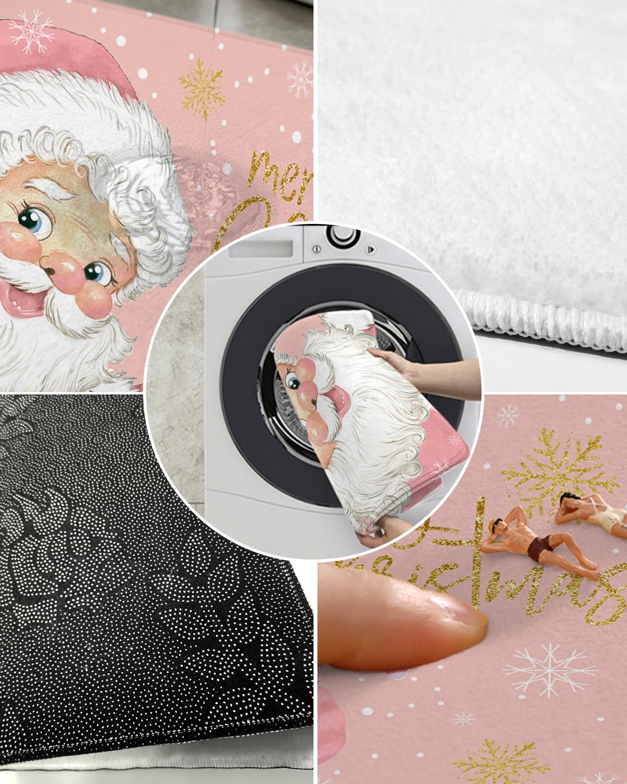 Christmas Pink Santa Claus Floor Door Mats Shag Carpet,Xmas Gold Foil Snowflake Non Slip Super Soft Bath Rugs,Winter Snow Shaggy Fuzzy Area Rug for Kitchen/Bathroom/Bedroom/Living Room Decor 16x24in