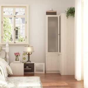 Homsee L-Shape Armoire Wardrobe Closet with Frosted Glass Doors, Hanging Bar & Shelves, Wooden Closet Storage Cabinet with Top Cabinet for Bedroom, Warm Grey (35.4”L x 35.4”W x 86.6”H)