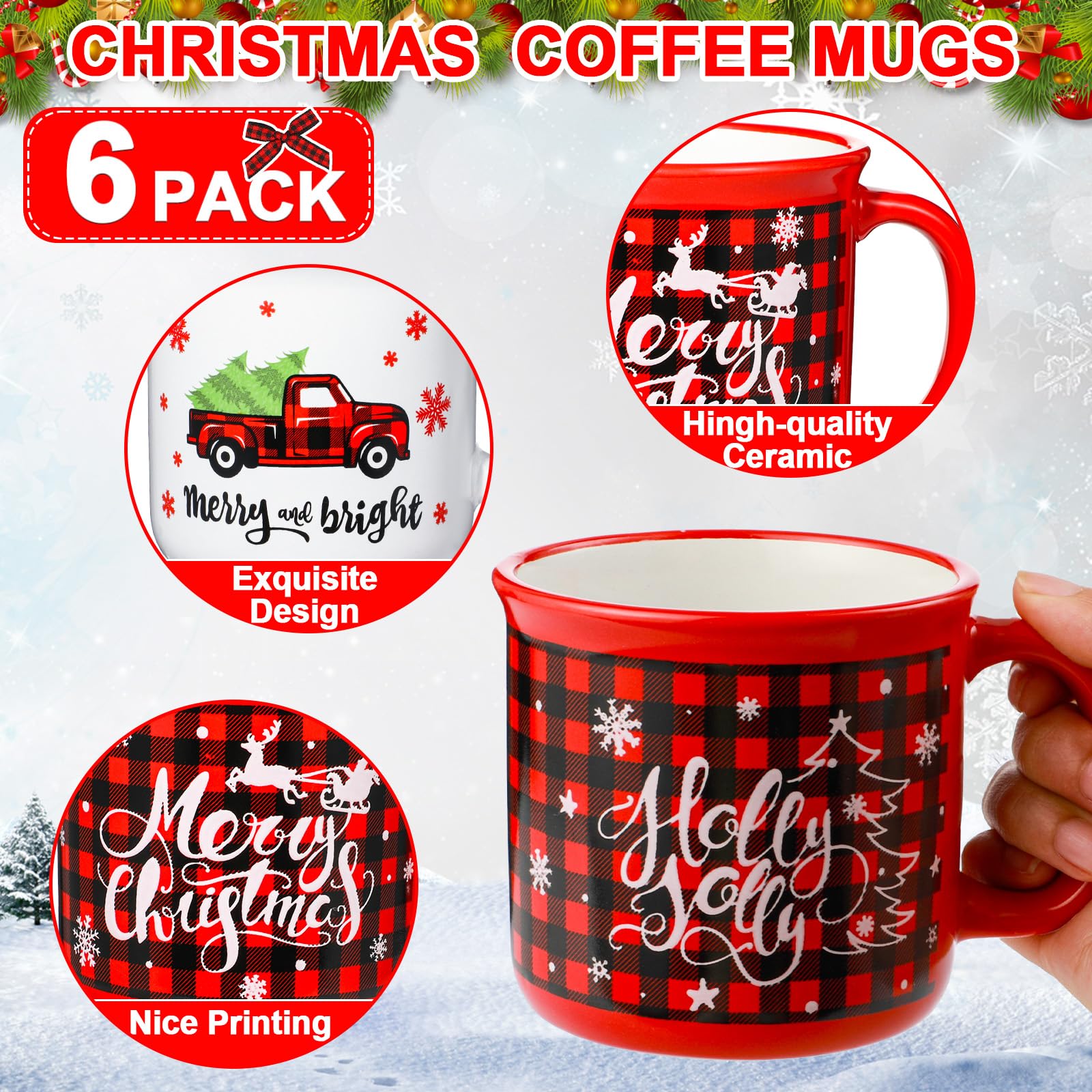 ZOIIWA 6 Pack Christmas Coffee Mug Set with Red Black Plaid Ribbon for Holiday Party Ceramic Mugs For Christmas Gift Christmas Theme Decor for Home Kitchen Table Centerpieces Decor Housewarming Gift