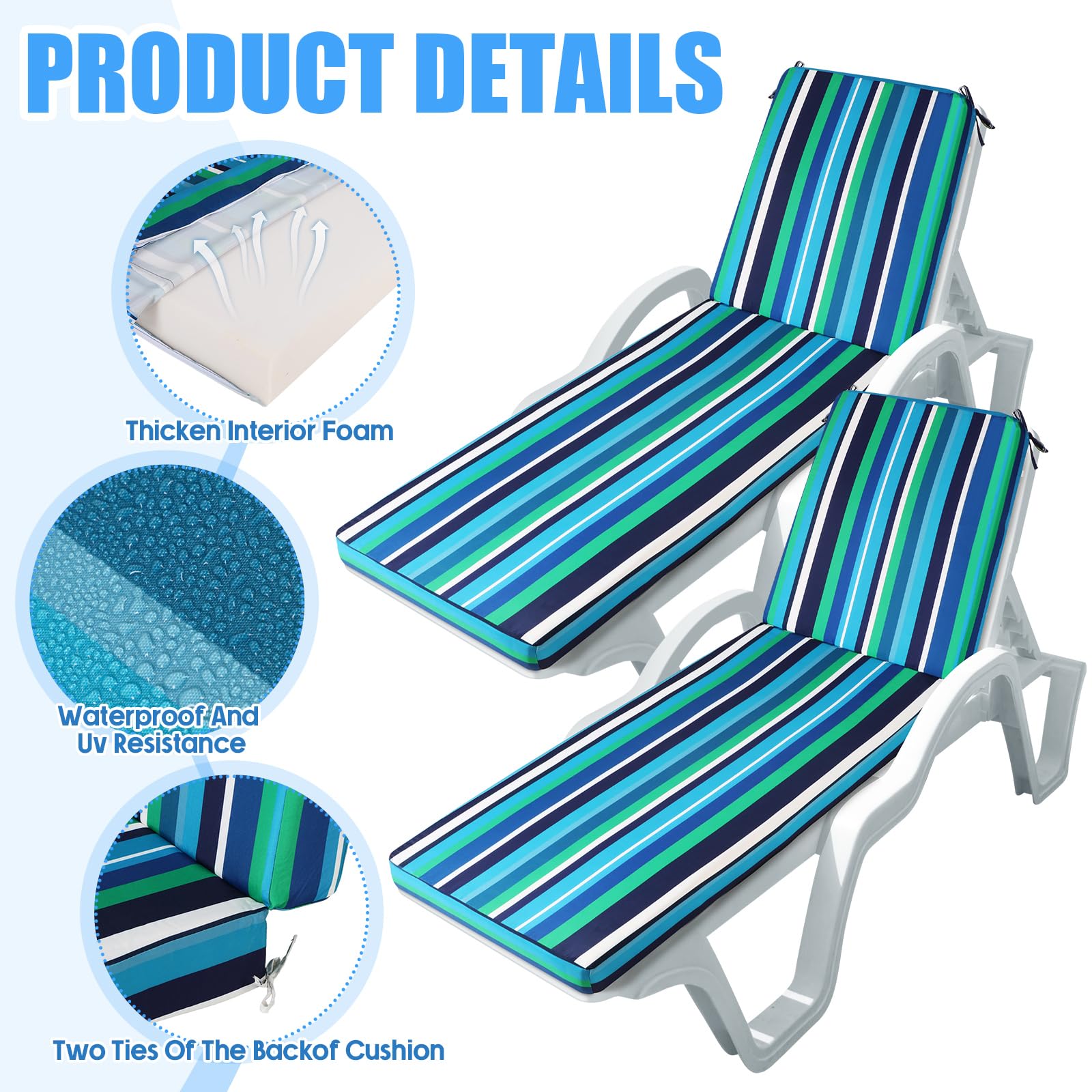 Menkxi 2 Pack Outdoor Stripe Chaise Lounge Cushion with Ties, Reversible Patio Cushion, Solid Back Lawn Furniture Cushions, Pool Lounge Chair Cushions, 70.87'' x 19.69'' x 3.54'' (Classic Color)