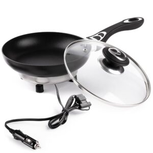 zonetech 12v frying pan with glass lid portable non-stick 7.5-inch pan stay-cool handles, rapid heat up, portable, perfect for camping, picnic and more