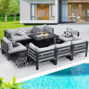 bulexyard aluminum patio furniture set with 43" propane gas fire pit table, 9 pieces outdoor furniture sectional sofa large conversation sets (9 pcs-a, grey/light grey w/firepit)