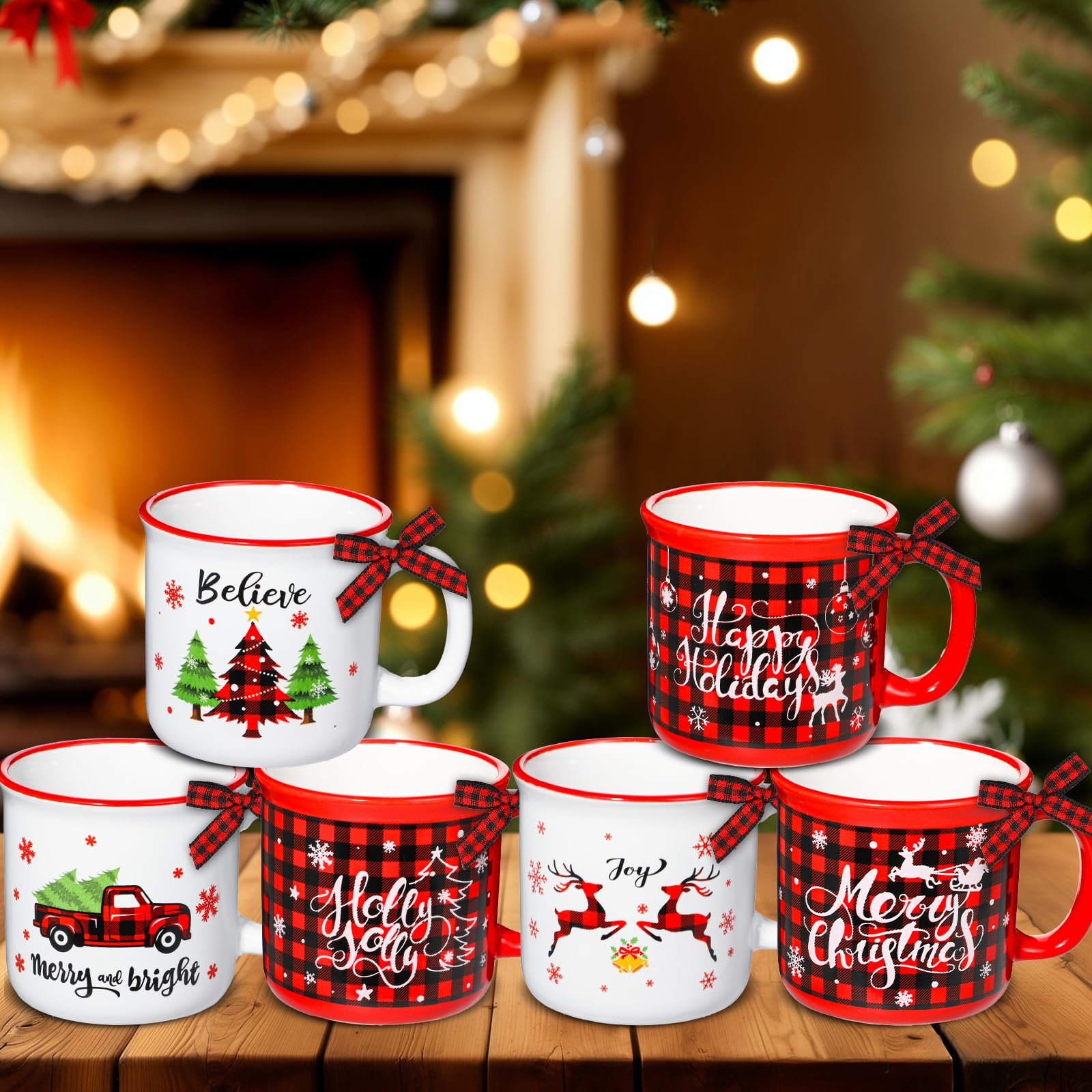 ZOIIWA 6 Pack Christmas Coffee Mug Set with Red Black Plaid Ribbon for Holiday Party Ceramic Mugs For Christmas Gift Christmas Theme Decor for Home Kitchen Table Centerpieces Decor Housewarming Gift