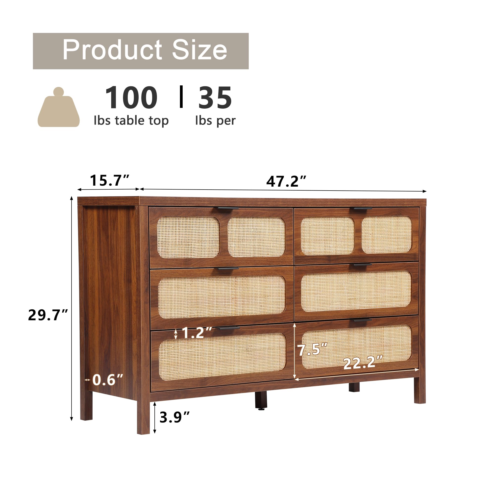 LEVNARY 6 Drawer Dresser for Bedroom, Rattan Dresser Drawer Organizer with Metal Handles, Accent Wood Chest of Drawers for Entryway, Closet, Living Room, Hallway, Nursery (Walnut)