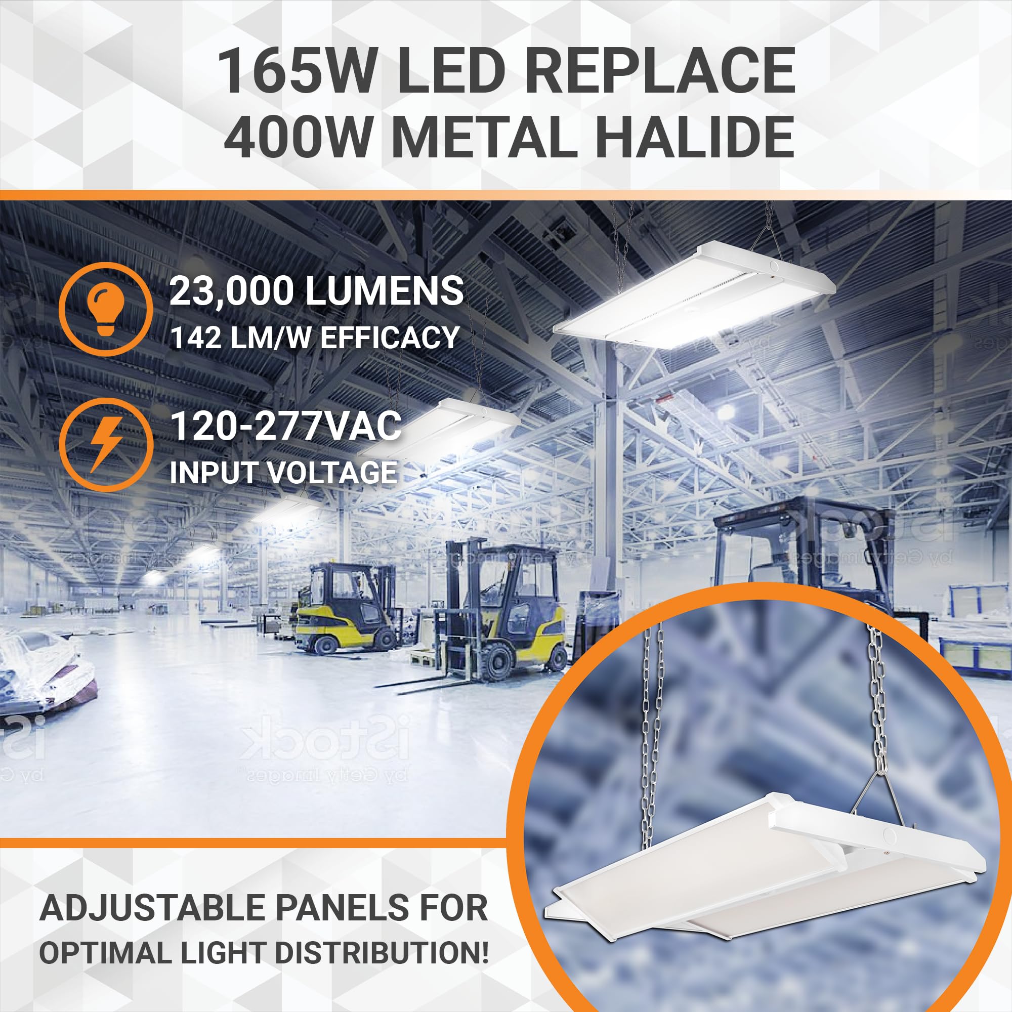 165W/130W/110W LED Linear High Bay Fixture, 2ft LED Shop Light, 4000K/5000K CCT, 400W MH Equal Warehouse Light for Indoor Commercial Warehouse and Shop Lighting, 100-277VAC, Tiltable Panels, White