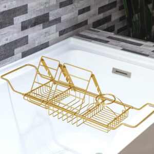 woodbridge stainless steel extendable bathtub caddy tray in brushed gold finish with removable wine holder, book and phone rack, bathcad-bg