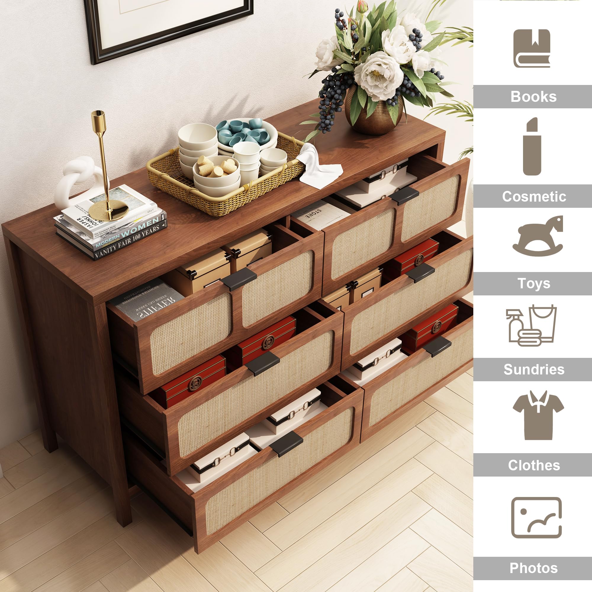 LEVNARY 6 Drawer Dresser for Bedroom, Rattan Dresser Drawer Organizer with Metal Handles, Accent Wood Chest of Drawers for Entryway, Closet, Living Room, Hallway, Nursery (Walnut)