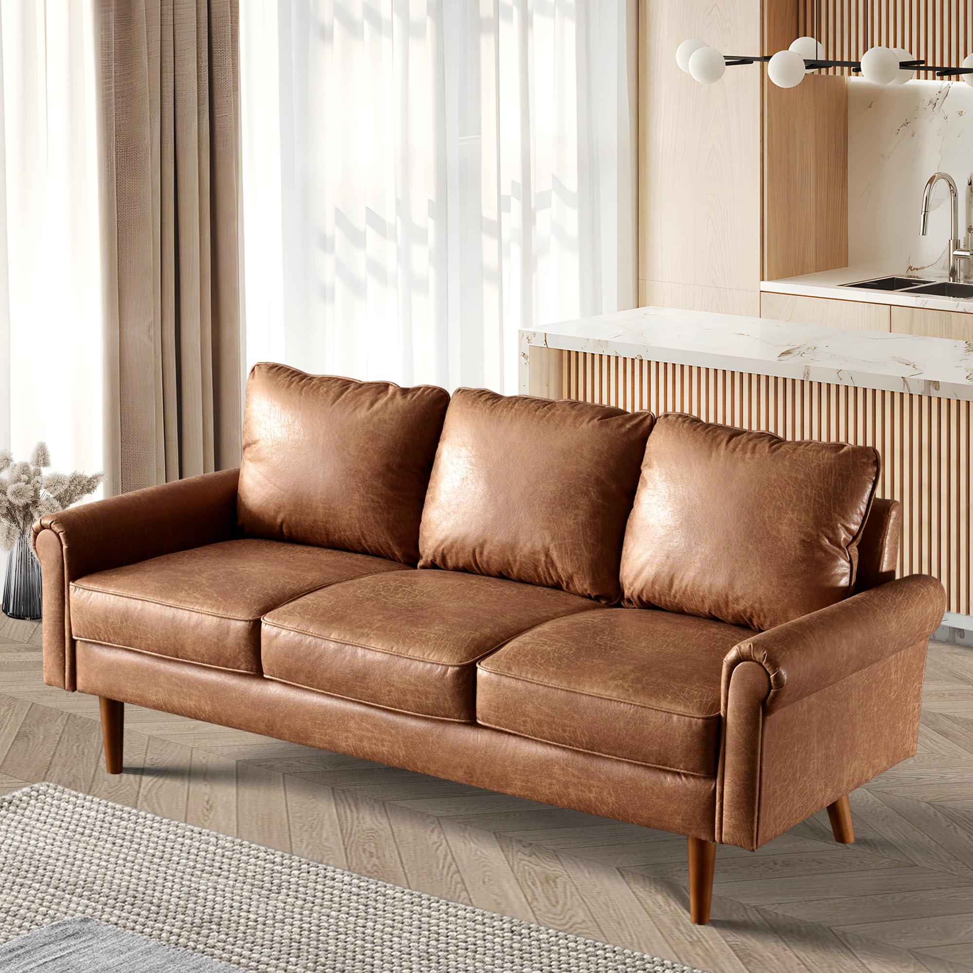 CAODOC Sofa Couches, 73” Mid-Century Modern Couch, Breathable Faux Leather Couch, 3-Seat Sofas & Couches, for Living Room Apartment Office,Brown