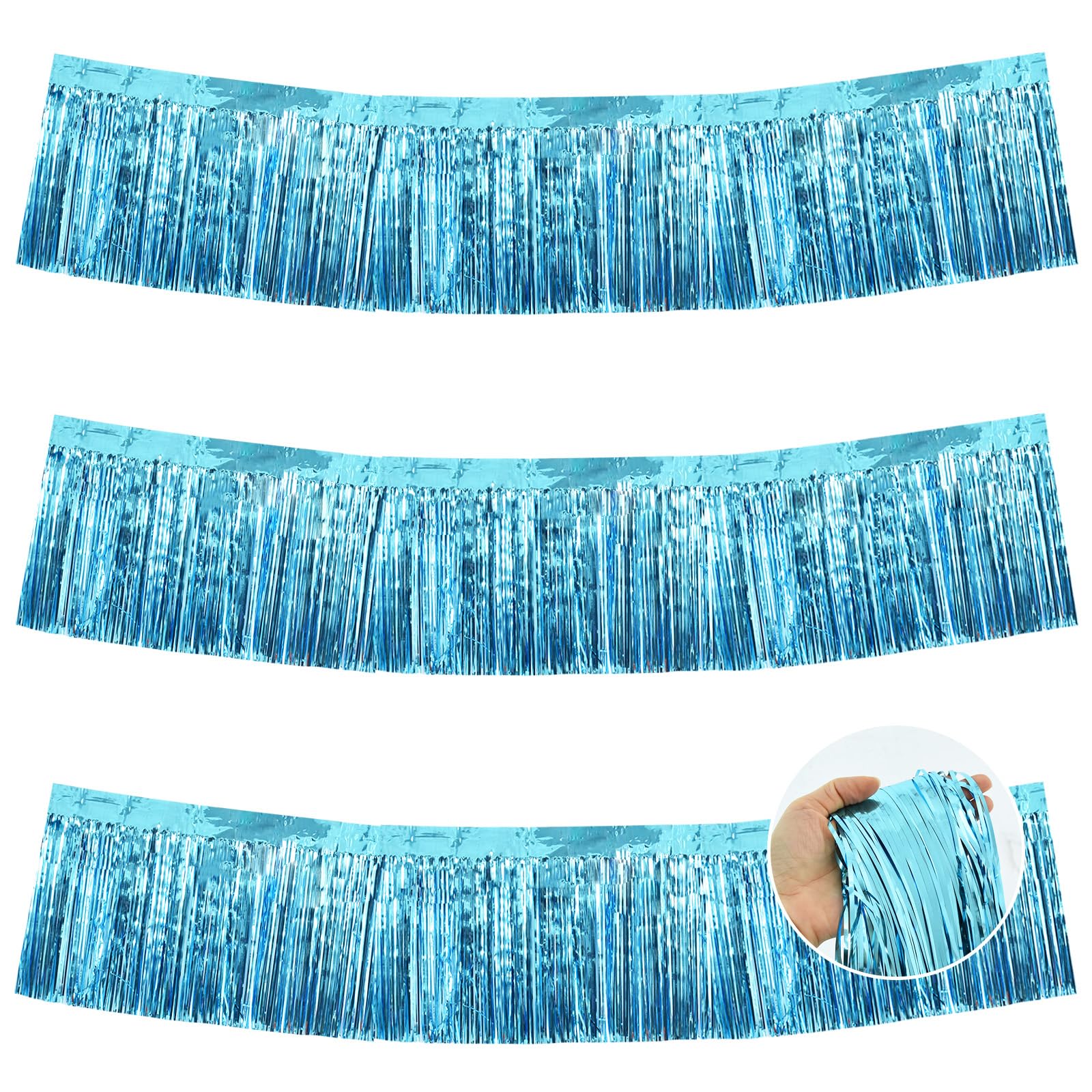 BEISHIDA 3 Packs Metallic Foil Fringe Garland Baby Blue Wall Hanging Tinsel Fringe Banners for Car Floats Bridal Shower Wedding Birthday Easter Graduation Holiday Party Decoration(30 Feet)