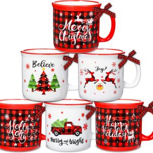 ZOIIWA 6 Pack Christmas Coffee Mug Set with Red Black Plaid Ribbon for Holiday Party Ceramic Mugs For Christmas Gift Christmas Theme Decor for Home Kitchen Table Centerpieces Decor Housewarming Gift