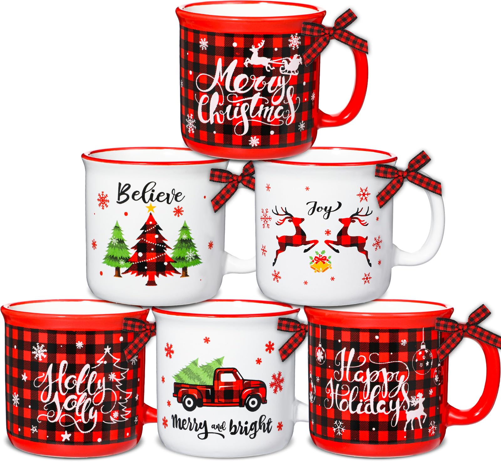 ZOIIWA 6 Pack Christmas Coffee Mug Set with Red Black Plaid Ribbon for Holiday Party Ceramic Mugs For Christmas Gift Christmas Theme Decor for Home Kitchen Table Centerpieces Decor Housewarming Gift