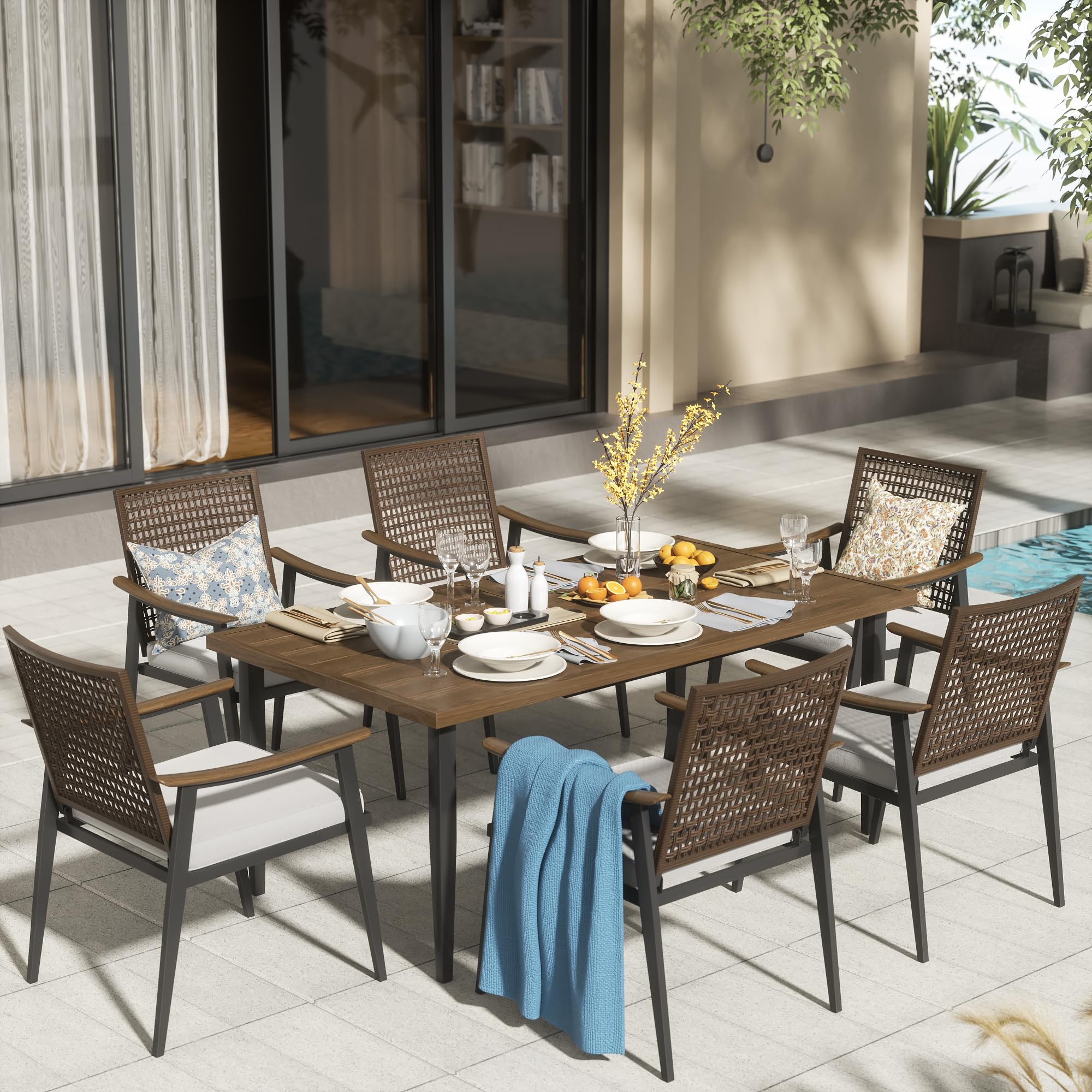 NATURAL EXPRESSIONS 7 Piece Patio Dining Table Outdoor Furniture Set, 6 Rattan Wicker Chairs with Cushions and 70” Large Dining Table with 1.65'' Umbrella Hole for Patio, Garden, Porch, Pool Beige