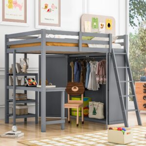 lostcat full size loft bed with desk, loft bed with wardrobes and desk, solid wood loft bed frame with storage and ladder for teens adults girls boys, no box spring needed, grey