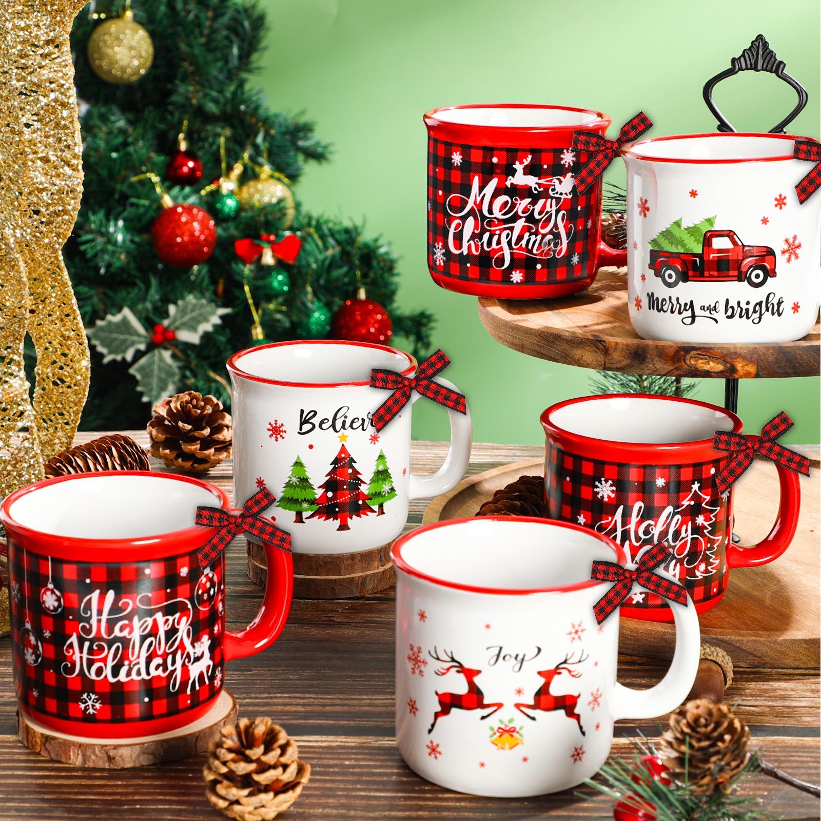 ZOIIWA 6 Pack Christmas Coffee Mug Set with Red Black Plaid Ribbon for Holiday Party Ceramic Mugs For Christmas Gift Christmas Theme Decor for Home Kitchen Table Centerpieces Decor Housewarming Gift