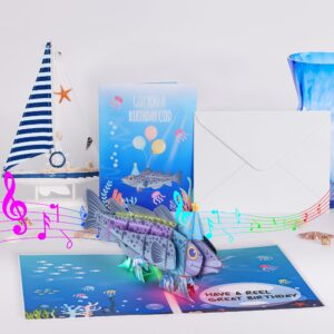 Funny Fish Themed 3D Pop Up Musical Birthday Cards For Men, Funny Greeting Card W/Lights and Happy Birthday Song for Dad, Men, Fisherman,Him, Husband, Grandpa