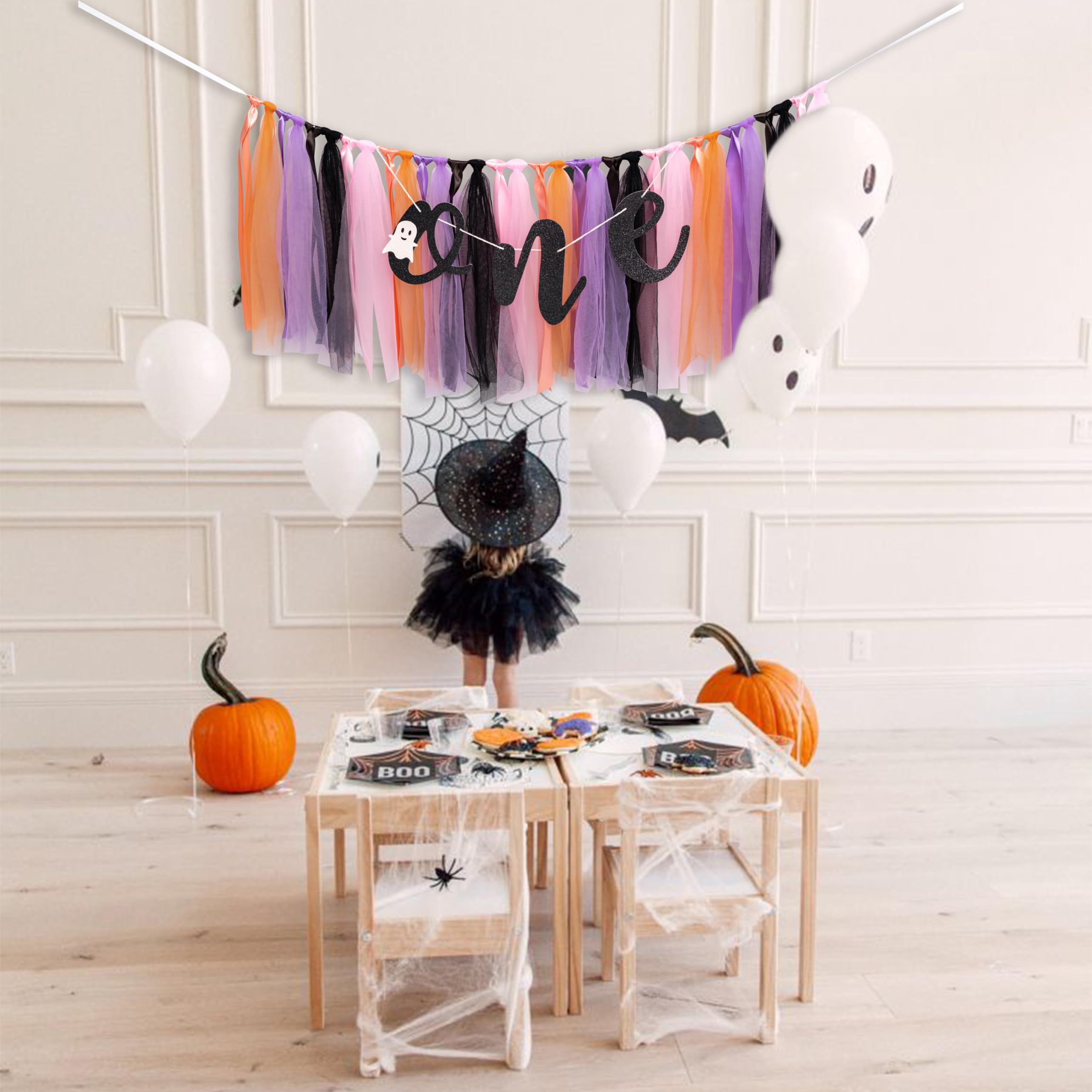 CANTLY Halloween 1st Highchair Banner,Halloween Ghost Pink Purple Birthday Decorations For Girls,Spooky One Birthday Decor,Orange Black Halloween Themed Baby Birthday Party (Black Halloween Ghost)