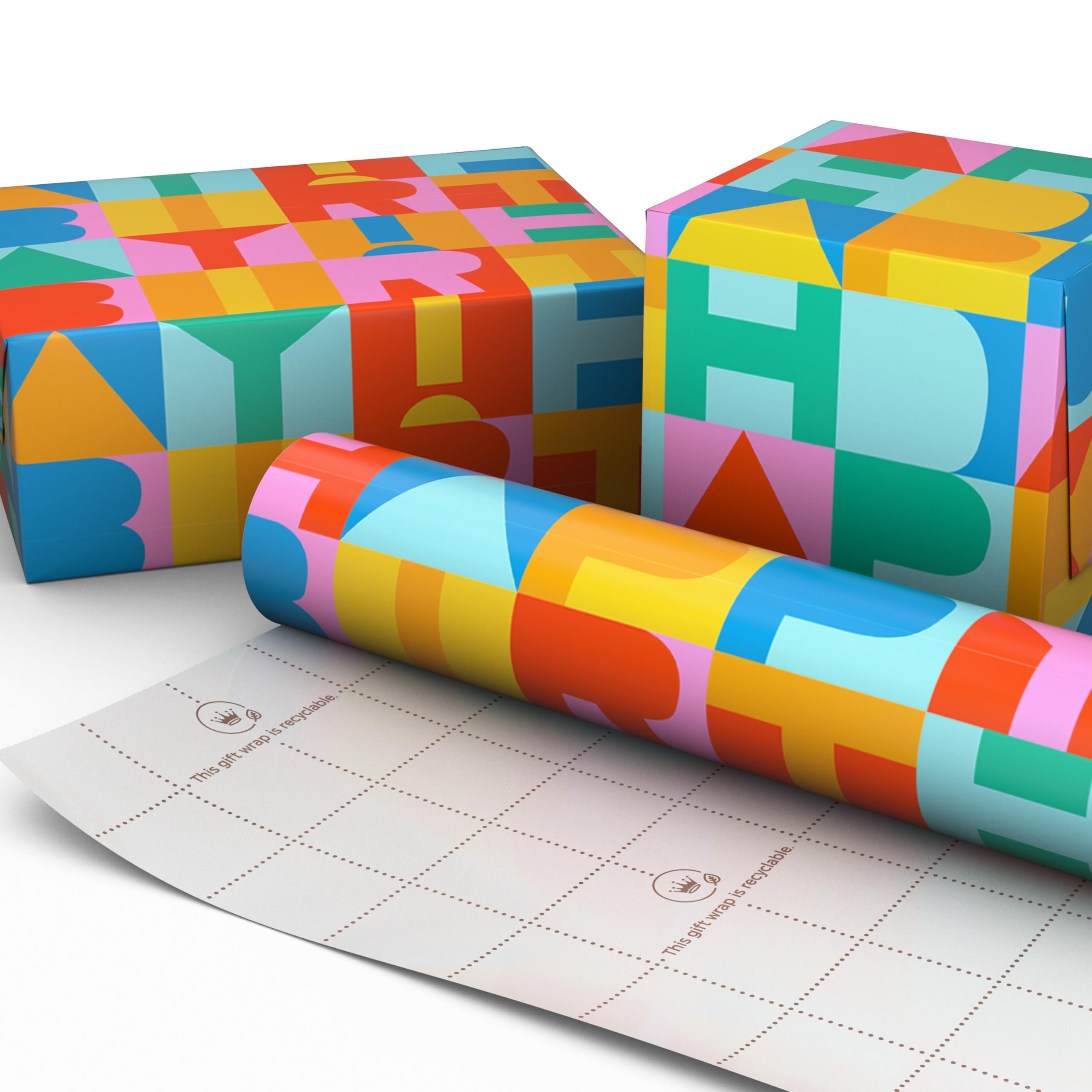 Hallmark Wrapping Paper with Cutlines on Reverse (1 Mini Roll: 17.5" Wide by 27.4' Long; 40 Sq. Ft.) Happy Birthday, Rainbow Block Letters