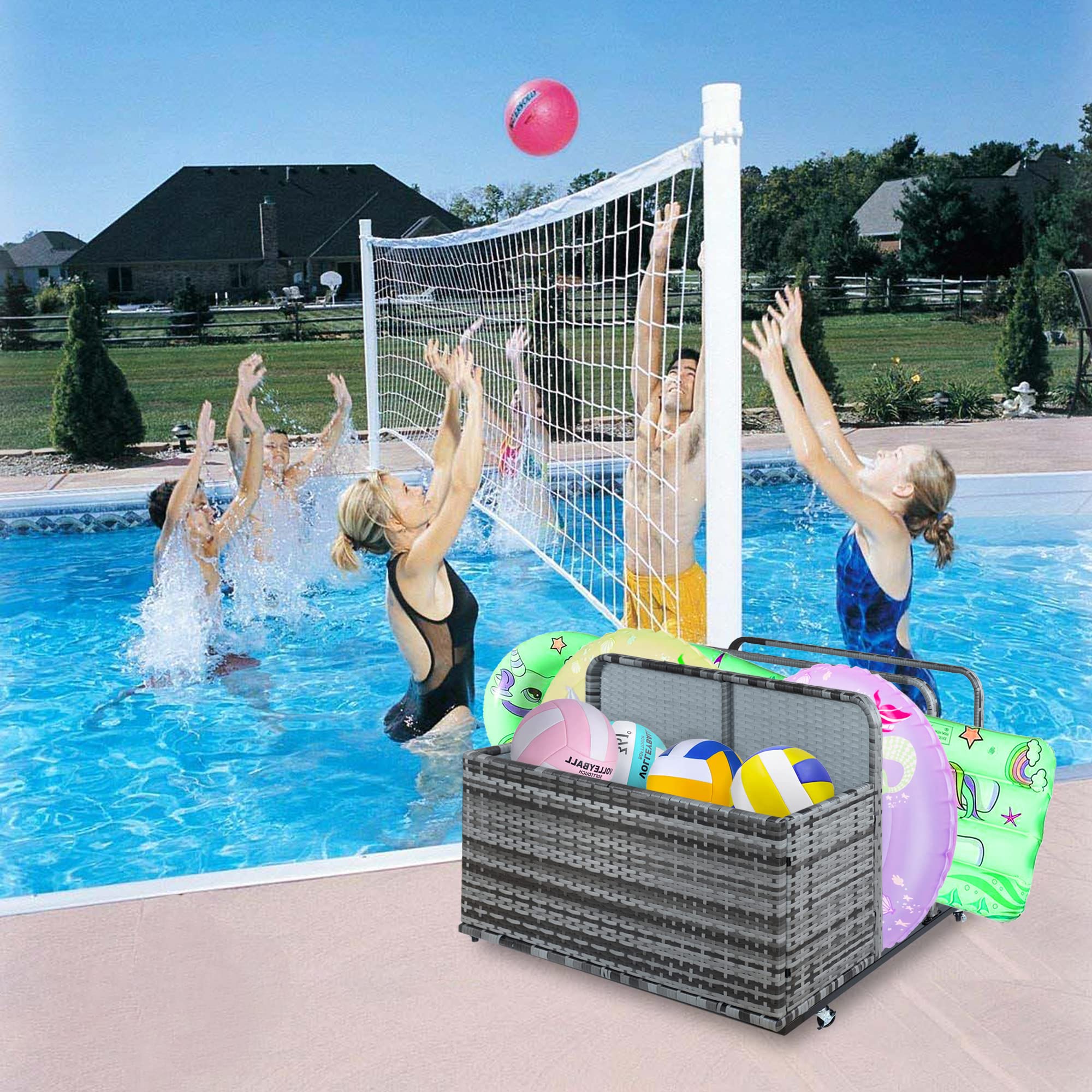 STMHOM Outdoor Storage, Double Layer Poolside Float Storage, Patio Poolside Float Storage Basket, Storage Box, PE Rattan Outdoor Pool Caddy with Rolling Wheels for Floaties,Beach-Sturdy,Grey