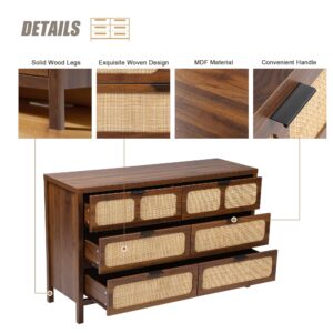 LEVNARY 6 Drawer Dresser for Bedroom, Rattan Dresser Drawer Organizer with Metal Handles, Accent Wood Chest of Drawers for Entryway, Closet, Living Room, Hallway, Nursery (Walnut)