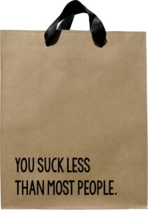 funny birthday gift bags, you suck less than most people kraft gift bag with black ribbon handles, novelty gift bags, white elephant gift bag, gift bag for friend, christmas gift bag