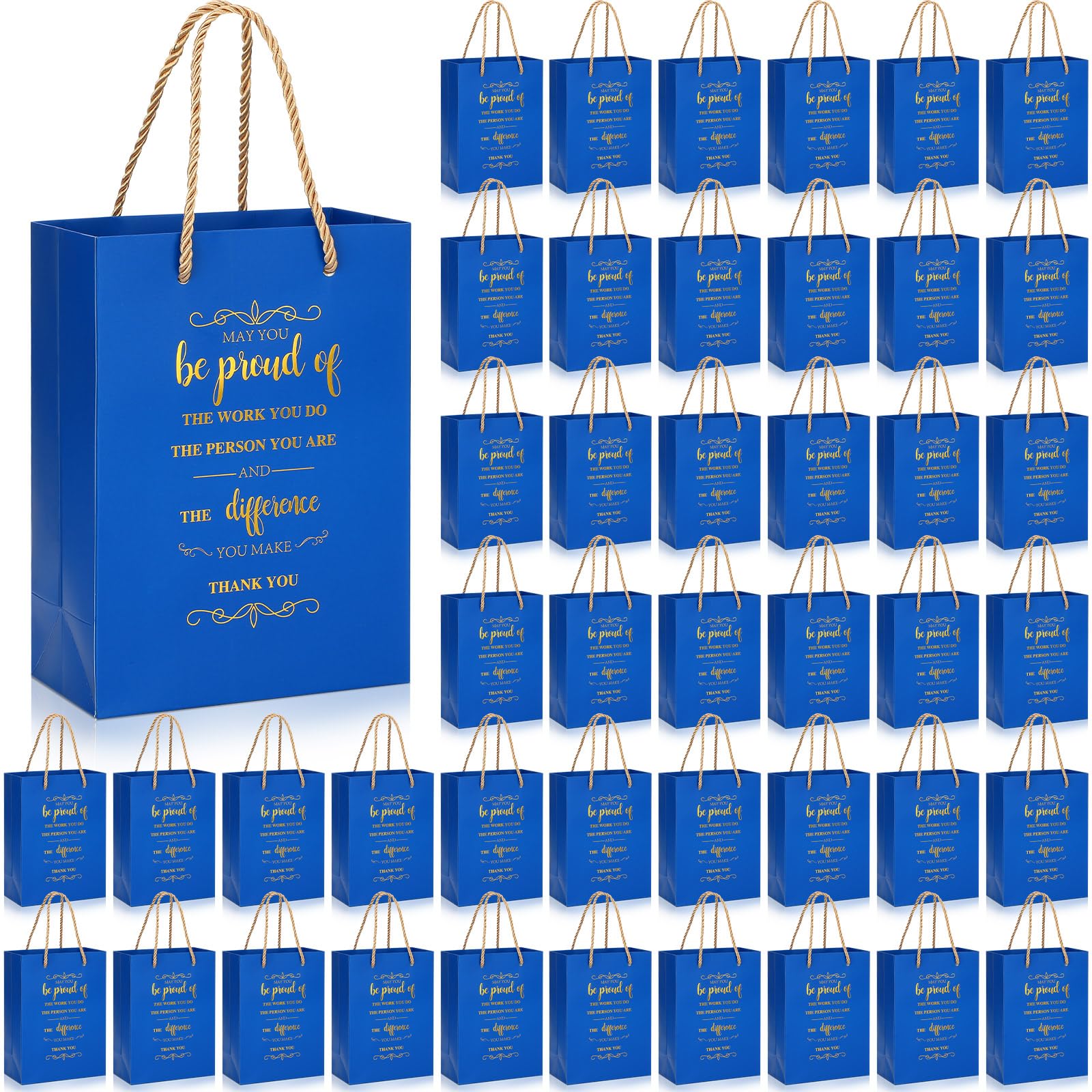 Fulmoon 50Pcs Thank You Gifts Bags Employee Appreciation Gift Bags 5.9 x 3.1 x 8.3'' Paper Bags Bulk Inspirational Gift Bags with Handle May You Be Proud Gift Bags for Coworkers Teacher (Blue)