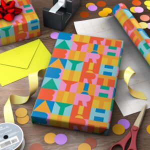 Hallmark Wrapping Paper with Cutlines on Reverse (1 Mini Roll: 17.5" Wide by 27.4' Long; 40 Sq. Ft.) Happy Birthday, Rainbow Block Letters