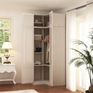 homsee l-shape armoire wardrobe closet with frosted glass doors, hanging bar & shelves, wooden closet storage cabinet with top cabinet for bedroom, warm grey (35.4”l x 35.4”w x 86.6”h)