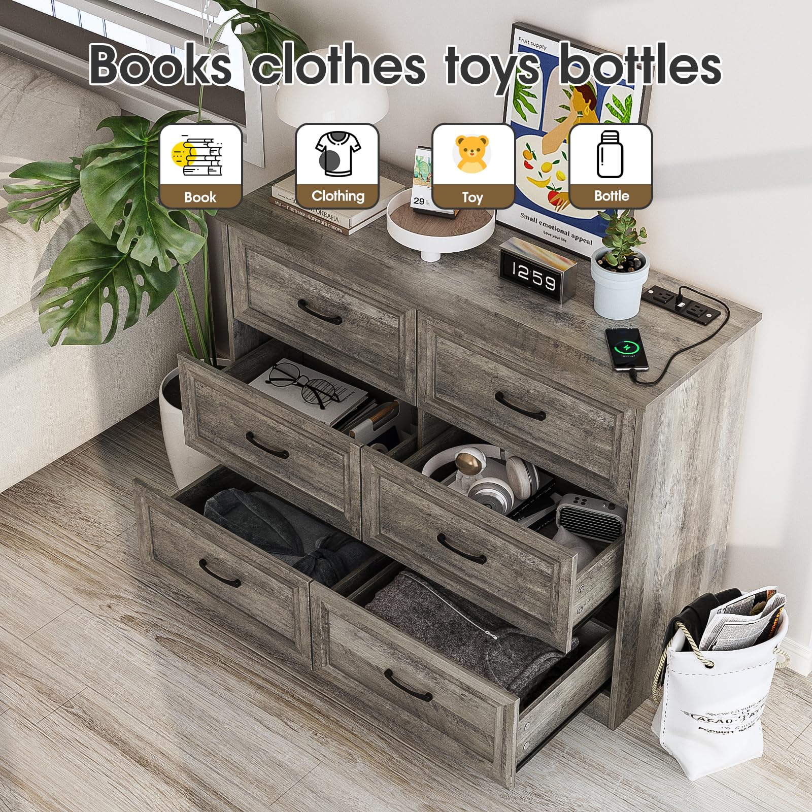 Fameill Dresser for Bedroom, 6 Drawer Wide Dresser Organizer with Charging Station, Tall Dresser for Hallway, Wood Dresser with Metal Handles, Ash Grey