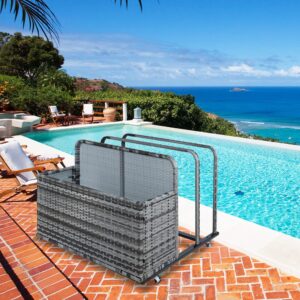 STMHOM Outdoor Storage, Double Layer Poolside Float Storage, Patio Poolside Float Storage Basket, Storage Box, PE Rattan Outdoor Pool Caddy with Rolling Wheels for Floaties,Beach-Sturdy,Grey