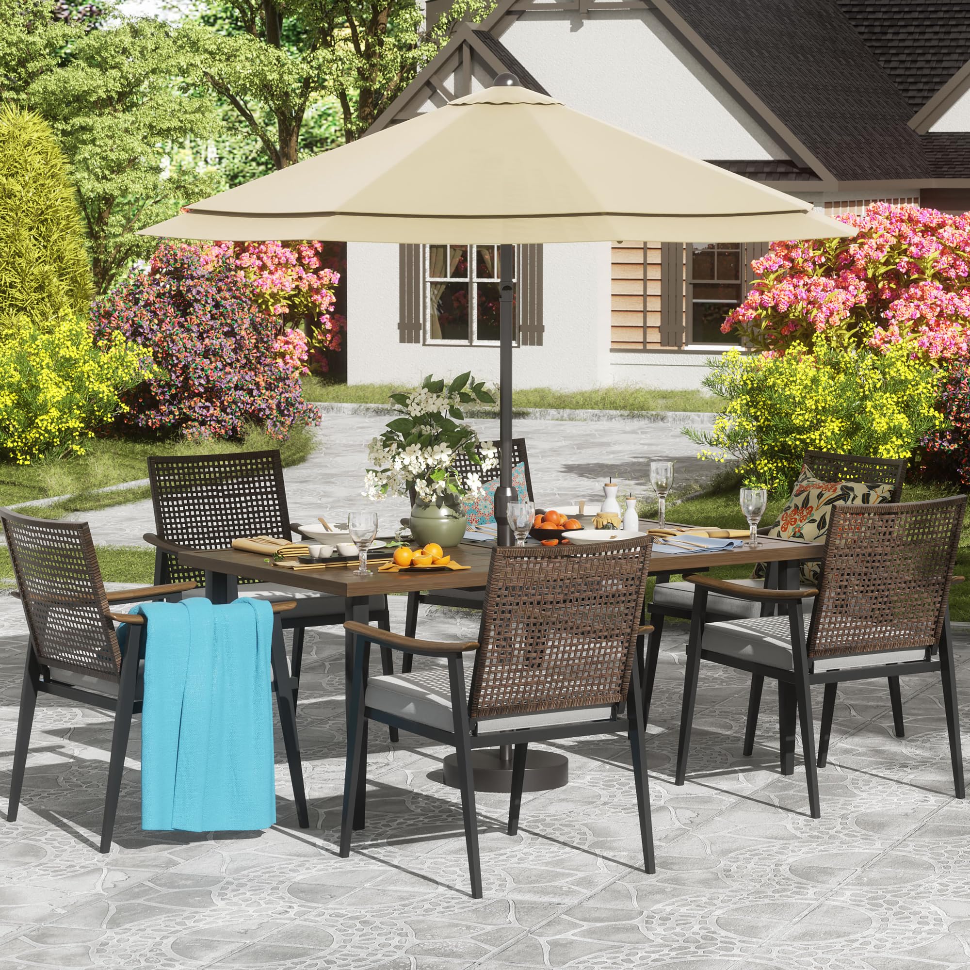 NATURAL EXPRESSIONS 7 Piece Patio Dining Table Outdoor Furniture Set, 6 Rattan Wicker Chairs with Cushions and 70” Large Dining Table with 1.65'' Umbrella Hole for Patio, Garden, Porch, Pool Beige